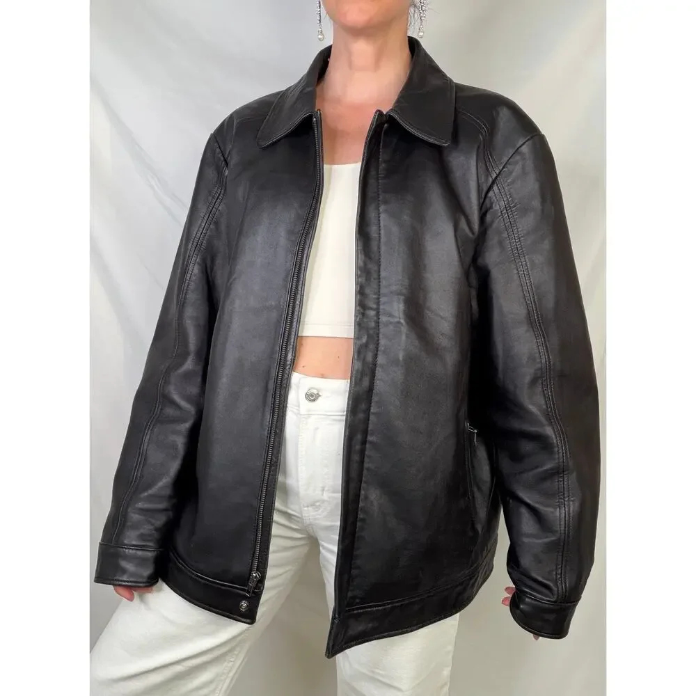 Merona | Jackets & Coats | Vintage Y2k Black Leather Bomber Jacket Coat ...